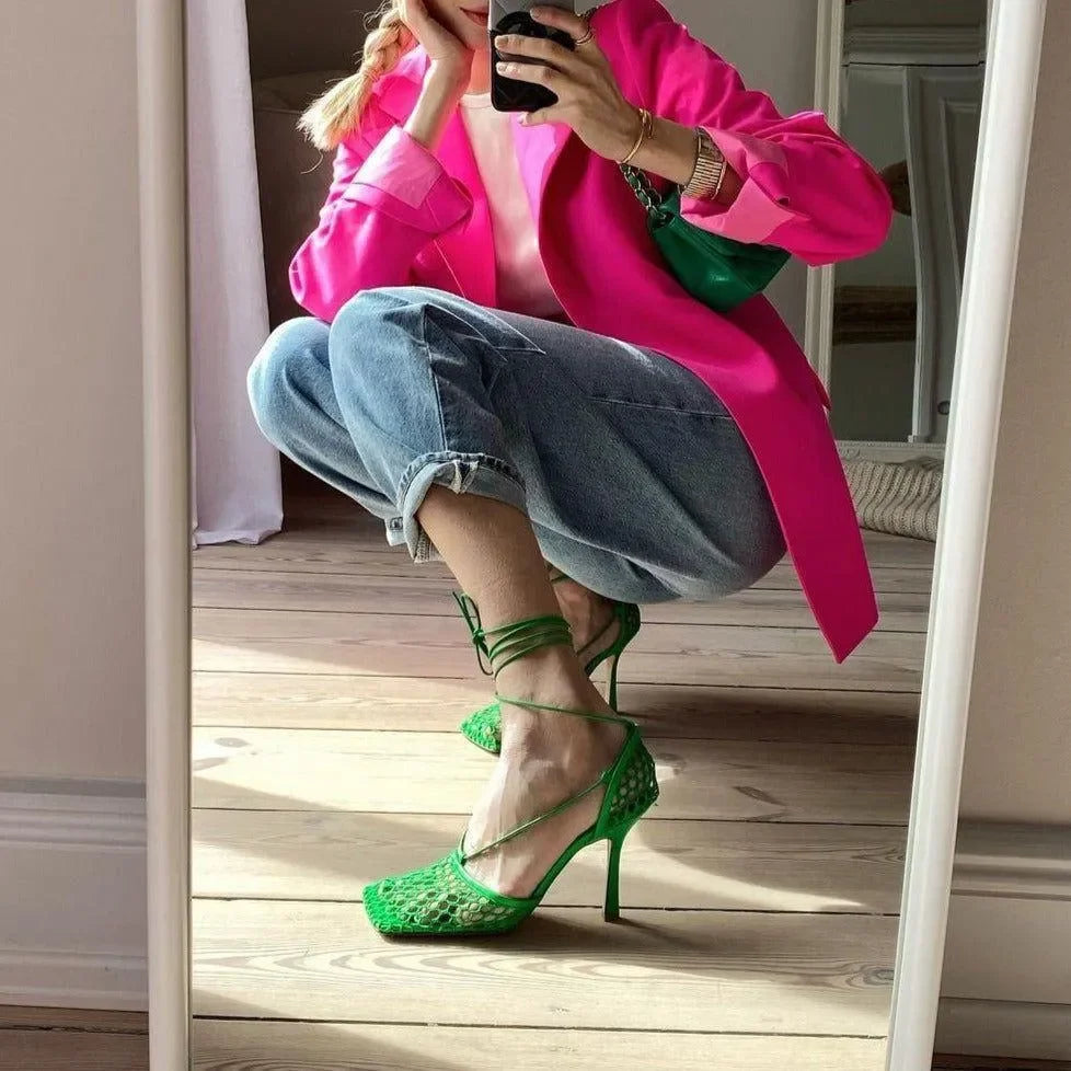 Square Toe Mesh Green Sandals with Lace-Up Detailing